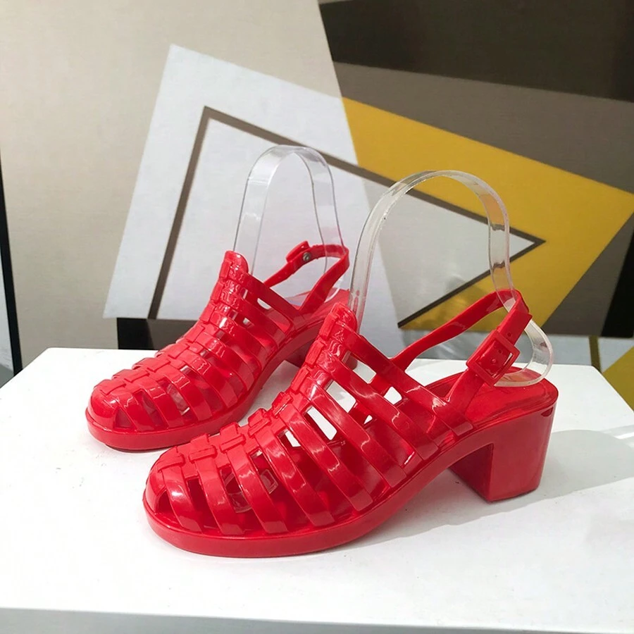 Women's Jelly Sandals, Summer Clear Crystal Plastic Mid Heels Closed ...