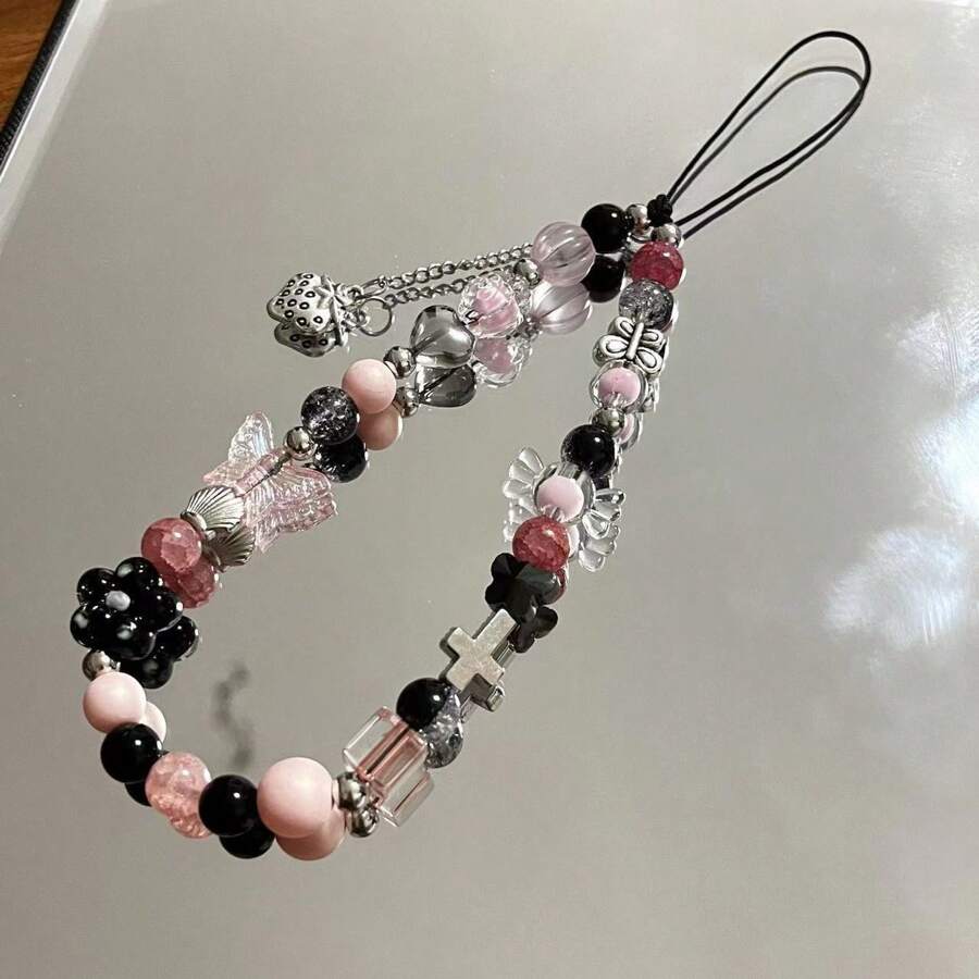 Sweet Cool Style Black&Pink Beaded Camera Strap/ Diy Cracked Beaded Mobile Phone Lanyard For ...