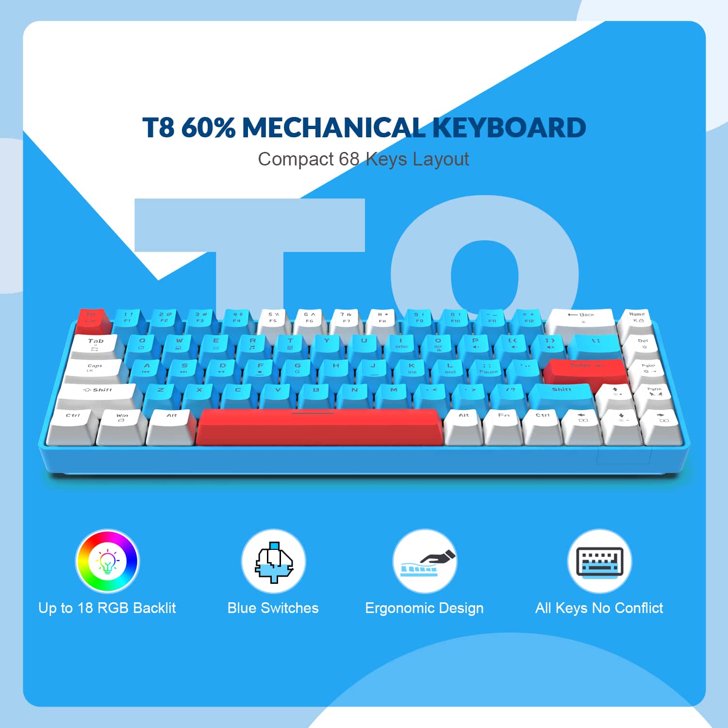 YINDIAO T8 60% Mechanical Gaming Keyboard,68 Keys TKL Compact Layout ...