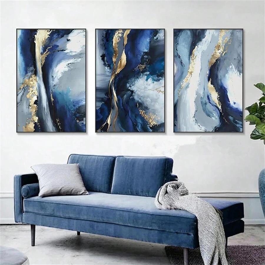 3 Piezas Arte Abstracto De Pared En Azul Y Dorado, Impresiones ...