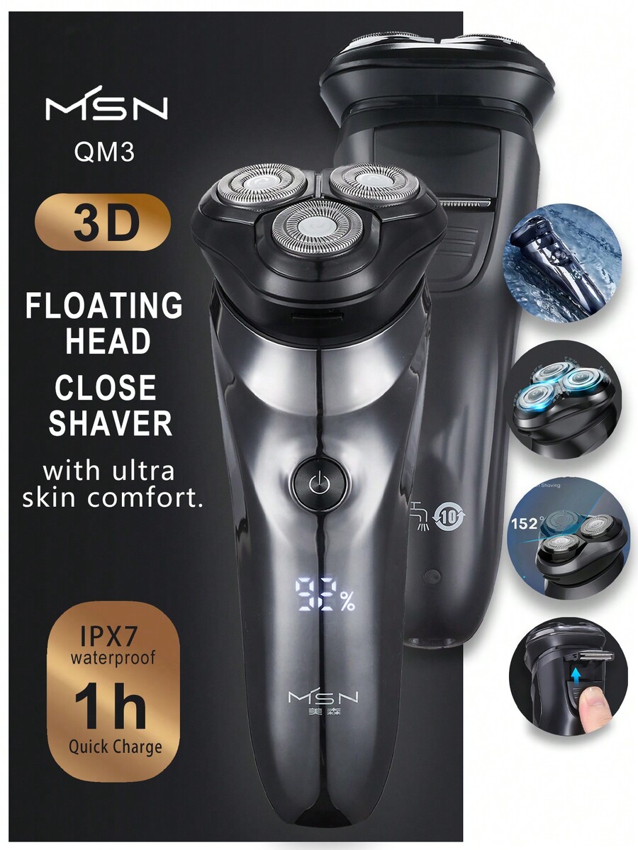 1pc Men's Electric Shaver & Razor, Full Body Washable, With Led Battery ...