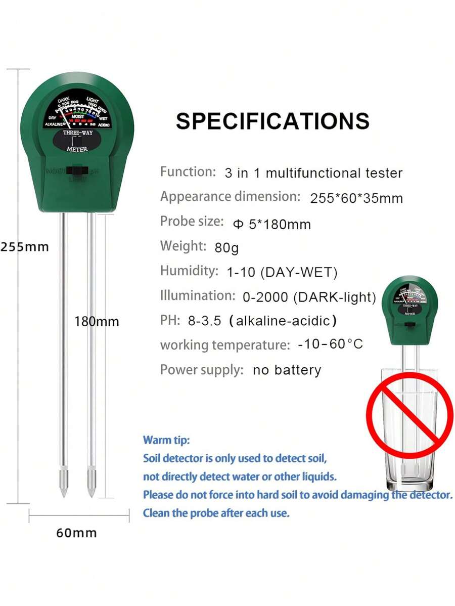 1pc Soil Moisture Meter, 3-In-1 Plant Moisture Sensor Testing Kit With ...