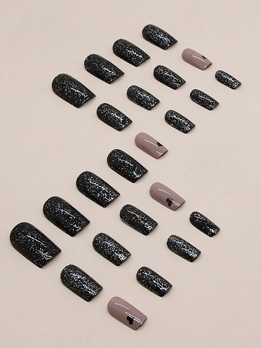 24pcs Glossy Medium Sized Square Artificial Nails With Black Shimmer ...