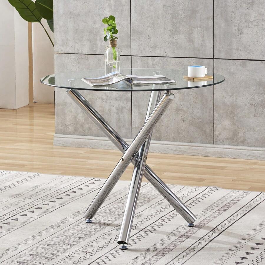 90x90 Cm Round Glass Dining Table, Round Table Chromed Legs, Modern ...