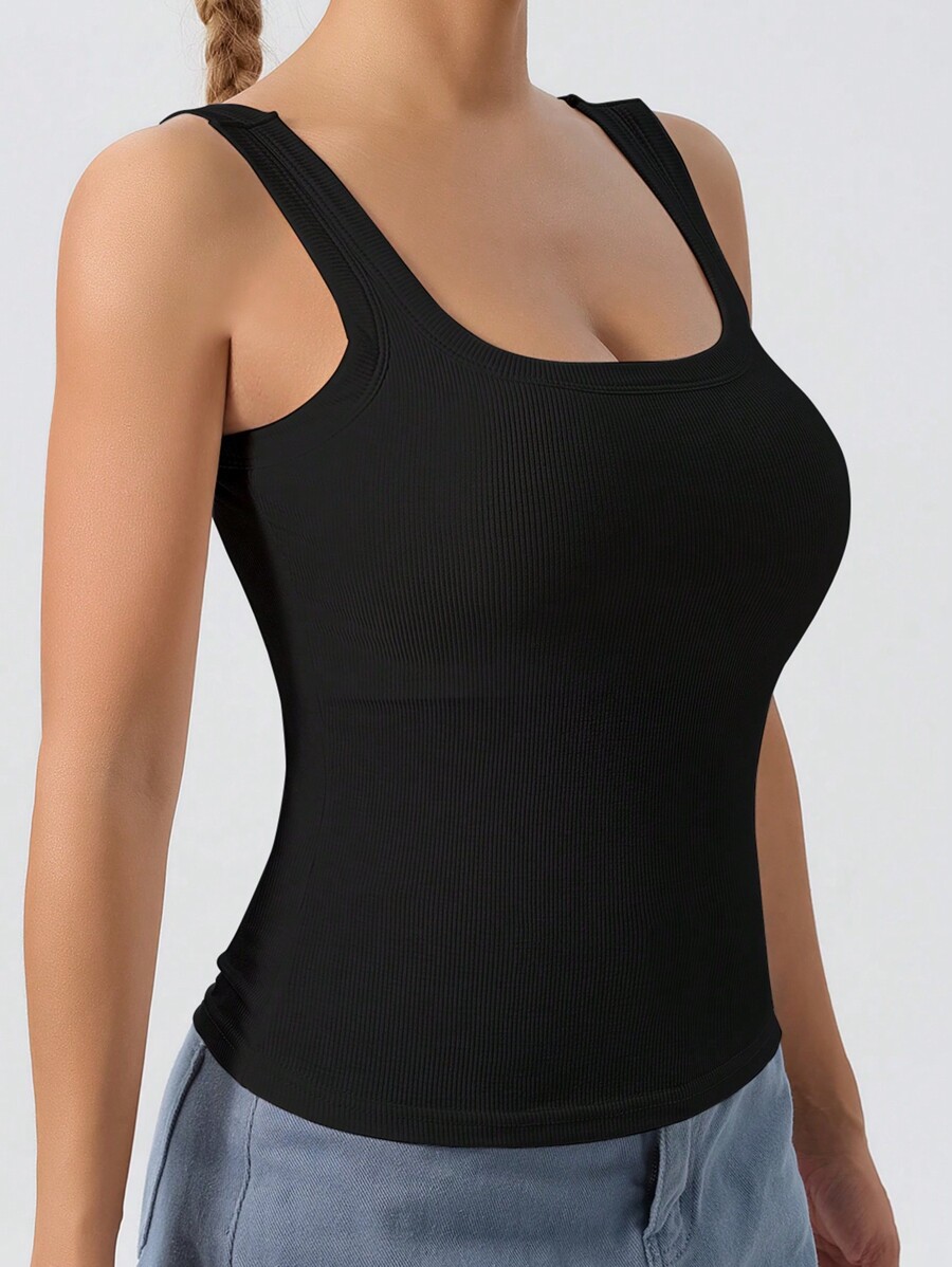 1pc Black Basic Tank Top With Detachable Chest Pad, Slim Fit, Perfect ...