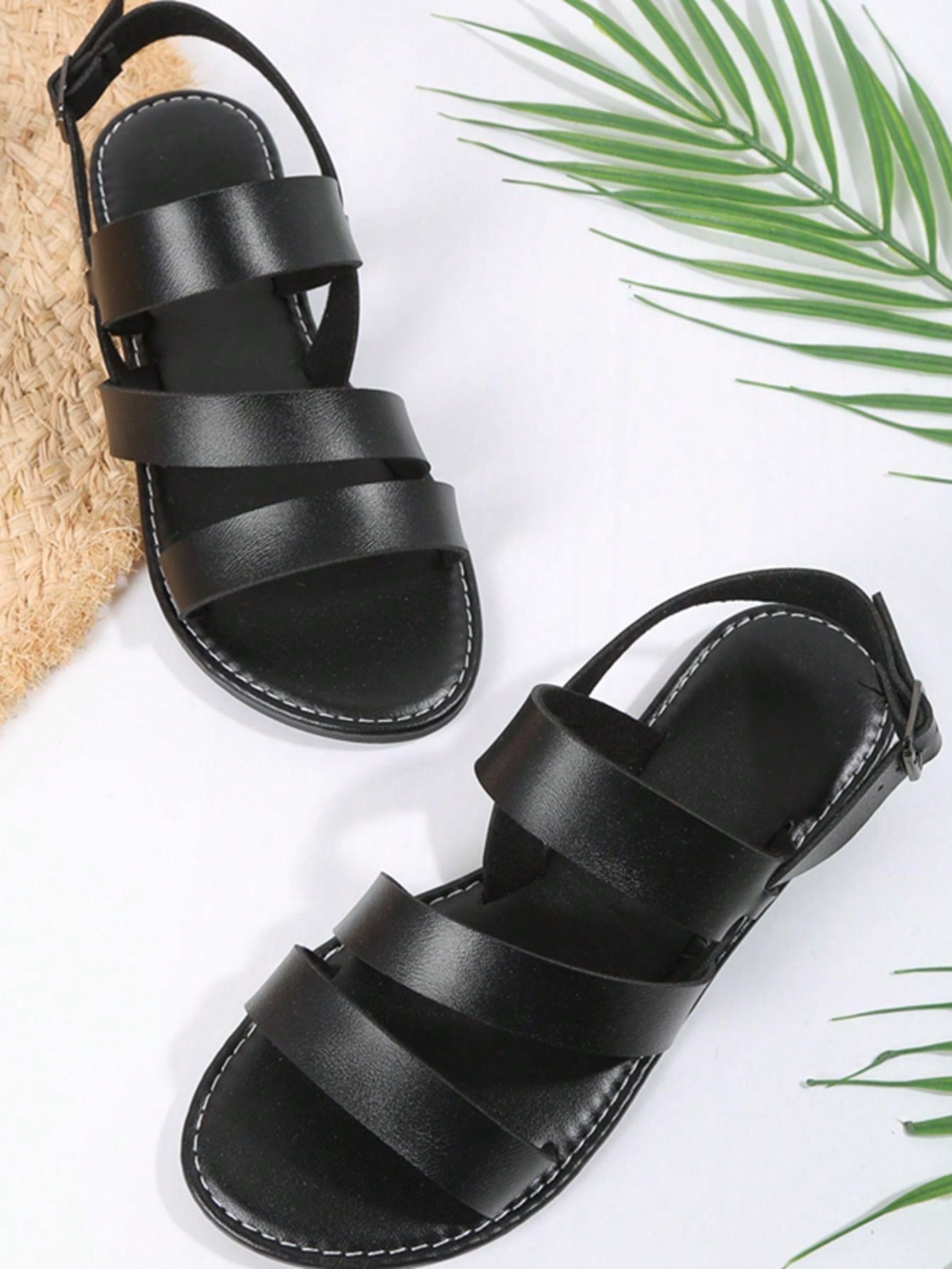 1pair Flat Sandals For Teenagers With Solid Pu Strap, Round Toe, Fish ...