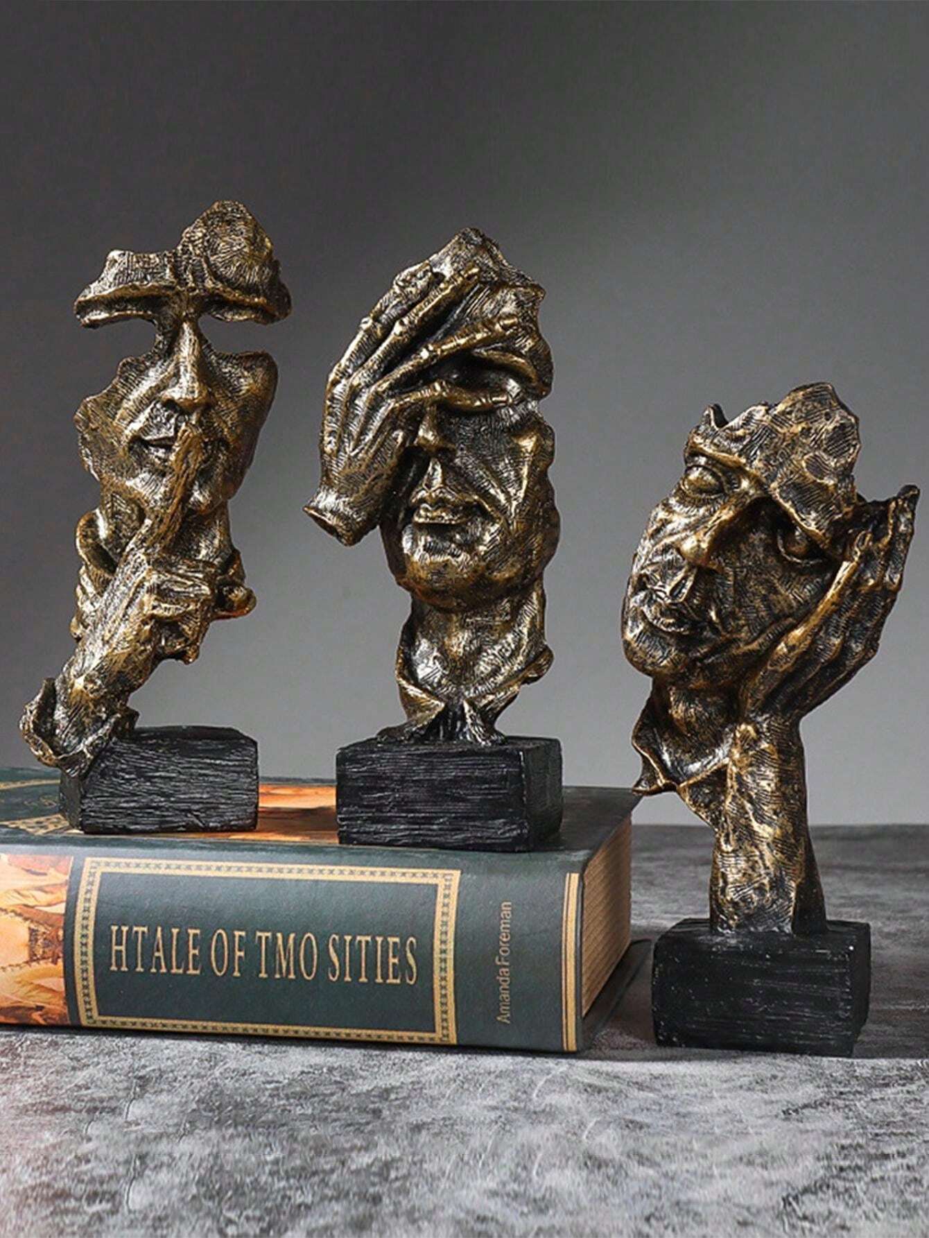 Set Of 3 Golden Thinker Statues, Silence Is Golden Abstract Art ...