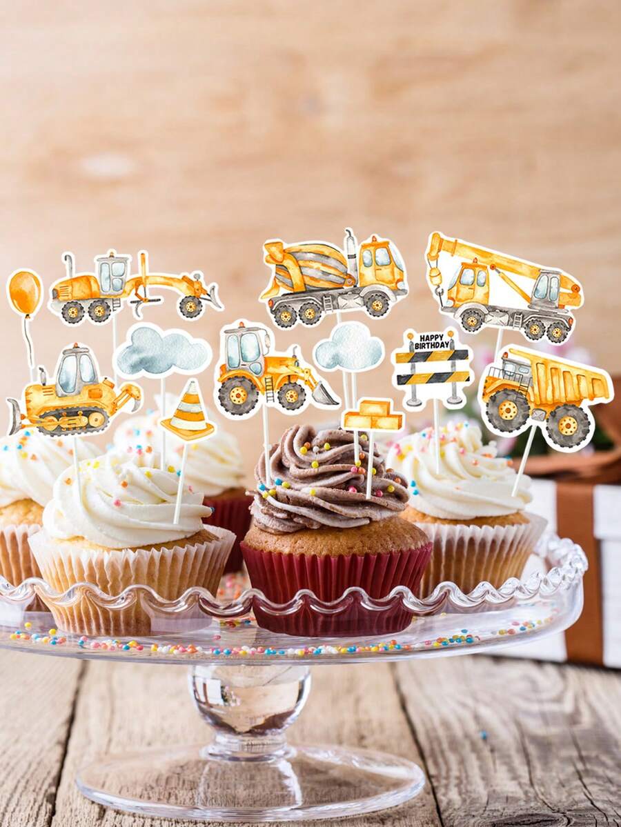 18pcs Engineering Vehicle Theme Paper Cupcake Toppers Birthday Party ...