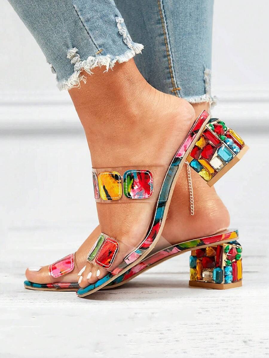 Ladies' Chunky High Heel Sandals Featuring Colorful Rhinestone ...