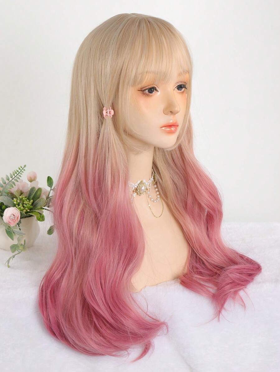 Wig Head Set Female Gradient Pink Wig Female Long Hair Lovely Natural Simulation Of Long Curly ...
