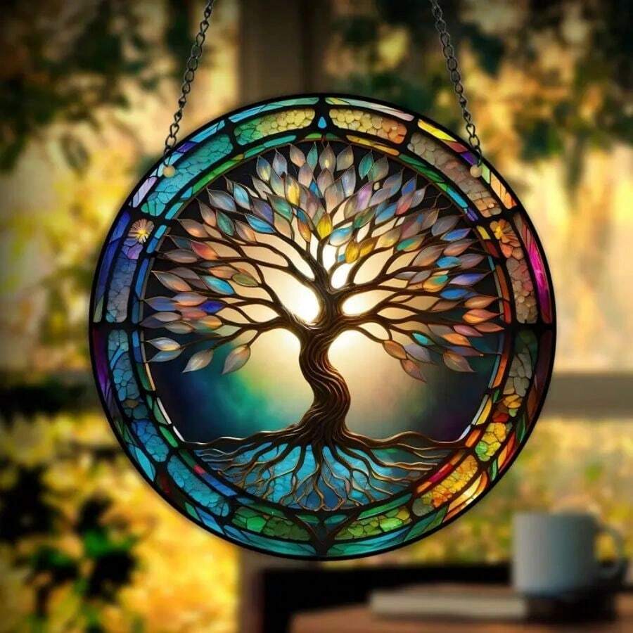 1PC 2D Tree Of Life Stained Suncatcher Four Seasons Theme ...