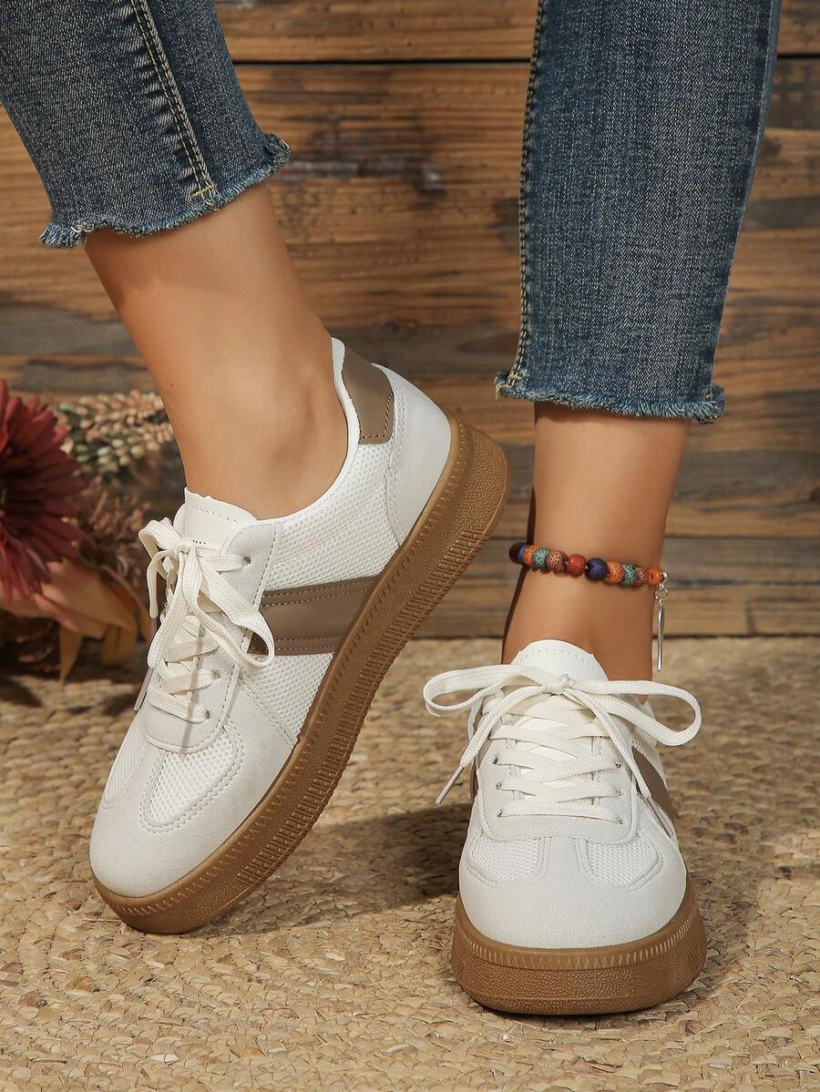 Ladies' Casual Mesh Breathable Flat Sneakers With Soft Soles, Lace-Up ...