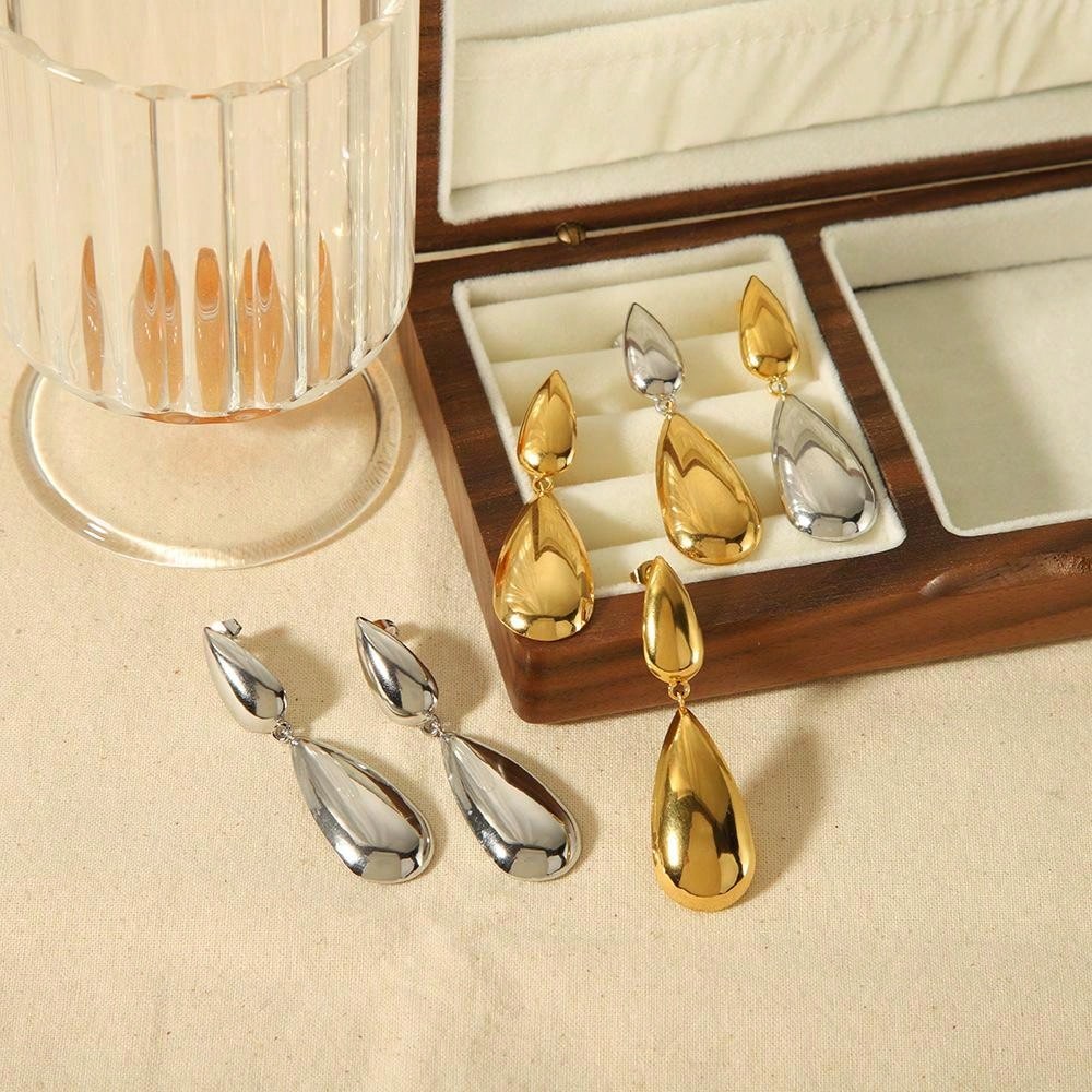 1pair Ins Style Dual Water Drop Shaped Titanium Steel Polished Handmade ...