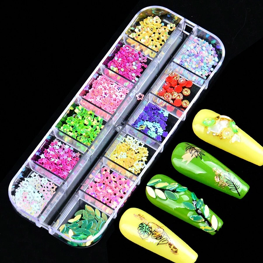 12-Grid Box Packed Nail Art Glittering Accessory With Holographic ...