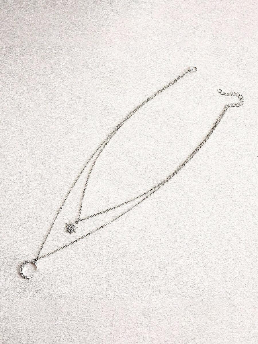 Double Layered Sun Moon Necklaces With Rhinestones, Octagram Clavicle ...