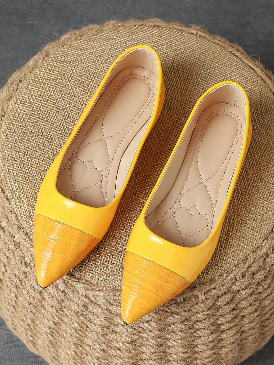 Navy Blue Women's Comfortable Pointed Toe Yellow Flat Shoes With Black ...