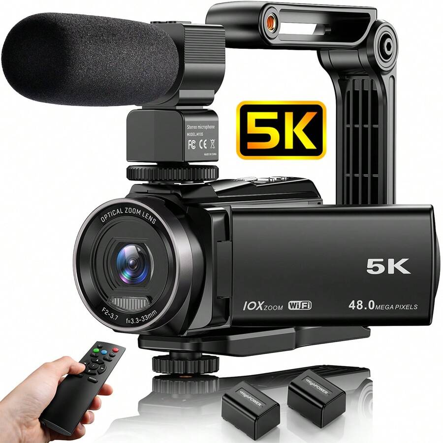 5K攝像機，48MP Wifi圖像傳輸視頻Vlog相機，3倍光學數字變焦，16倍數字變焦觸摸屏Vlog相機，包括外置麥克風、鏡頭罩、穩定器、遙控器、32GB記憶卡和2個電池丨 SHEIN香港