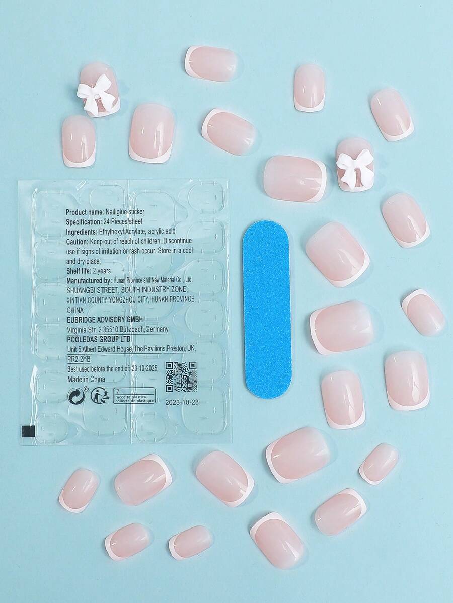 24 Pcs Pink Short Square Press On Nails White French Press On Nails ...