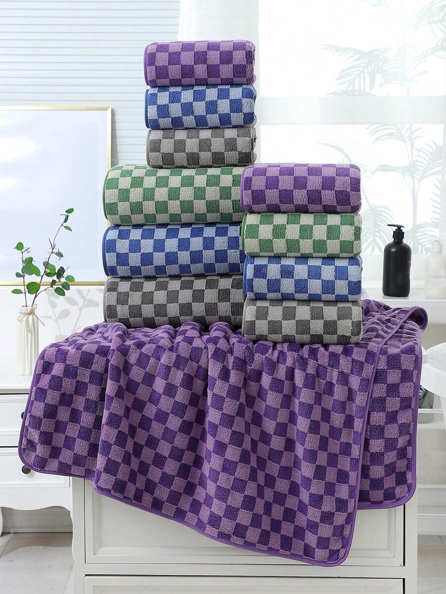 1pc Coral Fleece Woven Check Patterned Thick Absorbent Towel Can Be