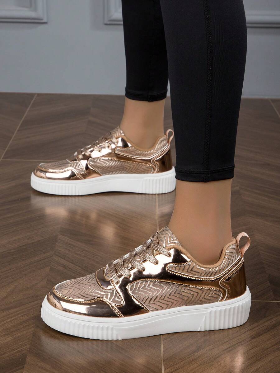 Ladies' Metallic Shine Lace-Up Leather Casual Sneakers | SHEIN UK