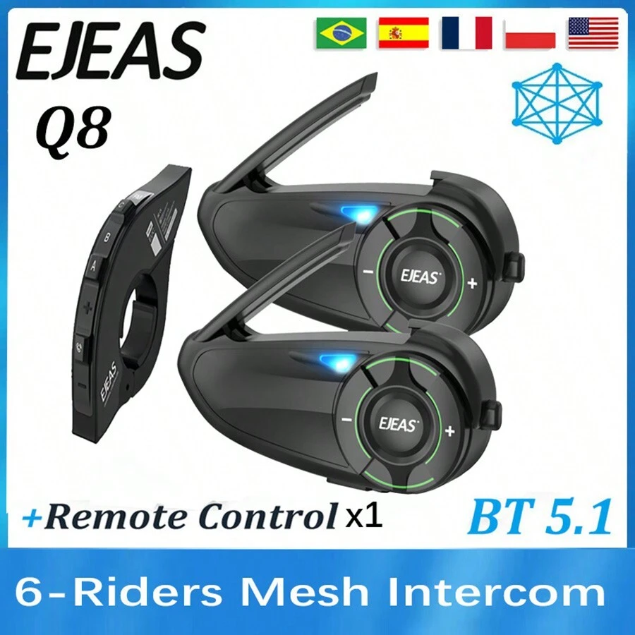Intercomunicador inalámbrico de casco de moto EJEAS Q8 con auriculares Bluetooth de malla V5.1 ...