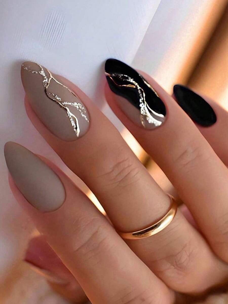 24pcs/Set Almond Shaped Milk Coffee Color Exquisite Wearable False ...