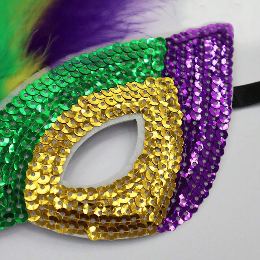 1pc Carnival Half Face Mask With Feathers, Sequins In Gold, Purple And ...