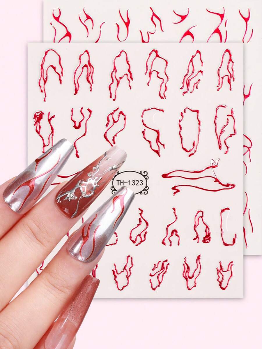 2pcs Red Nail Stickers - Y2k Glamorous Shiny Metallic Stripe Self ...