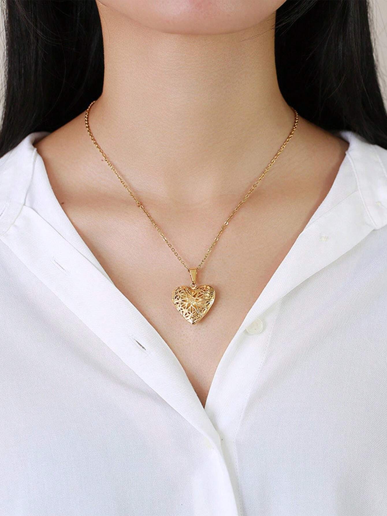 1pc Heart-Shaped Locket Pendant Necklace For Couple, With Photo ...