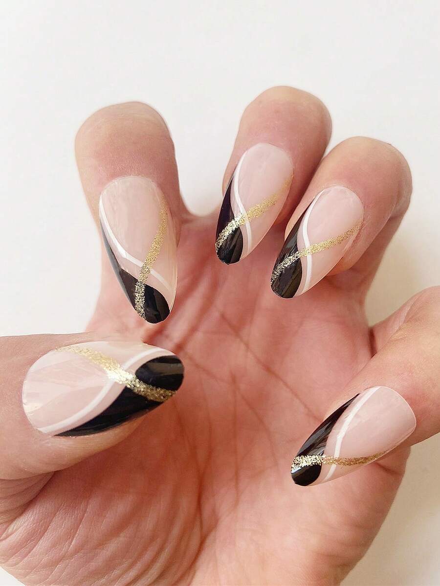 Wear Almond Shaped Cross Curved Gold Powder Decorative Nail Patches ...