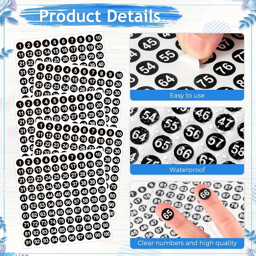 5 /10 Sheets 1 To 100 Number Stickers Vinyl Consecutive Number Stickers Self Adhesive Decal For ...
