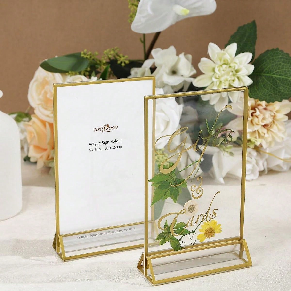 4 X 6 Clear Acrylic Sign Holder With Gold Borders And Vertical Stand ...