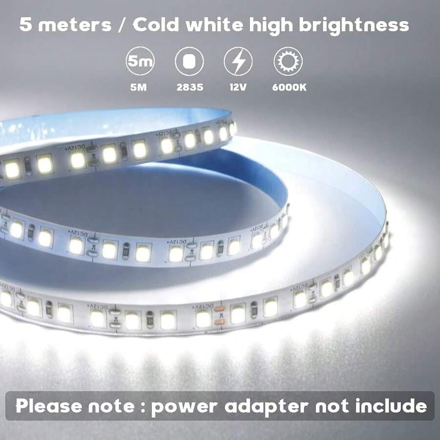 1 Piece Of 12 V LED Strip Light, White 6500 K 5 M LED Strip Light 2835 ...