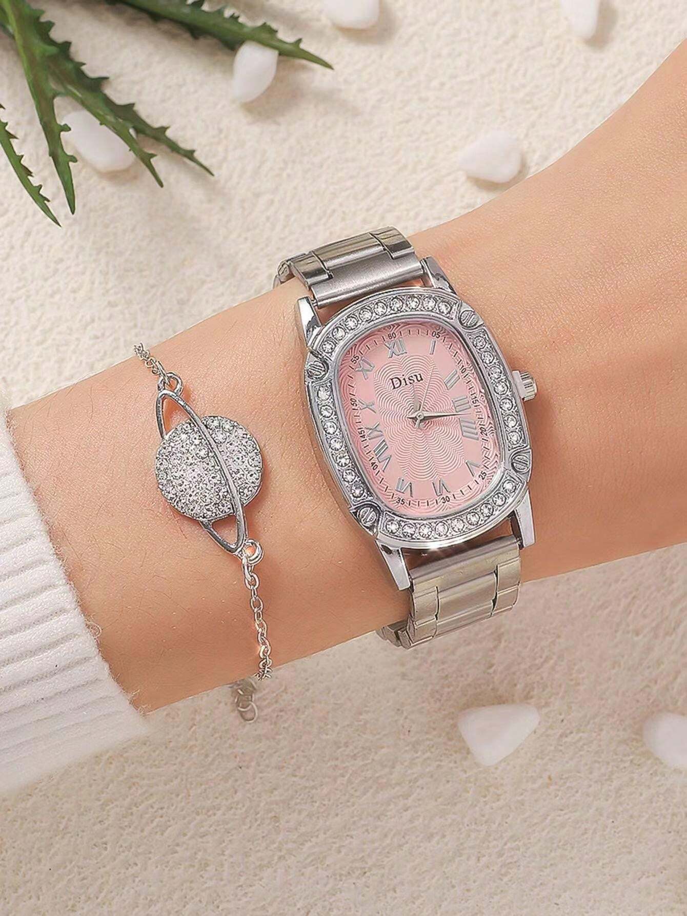 Disu Ladies' Pink Stainless Steel Strap Classic Fashionable Elliptical ...