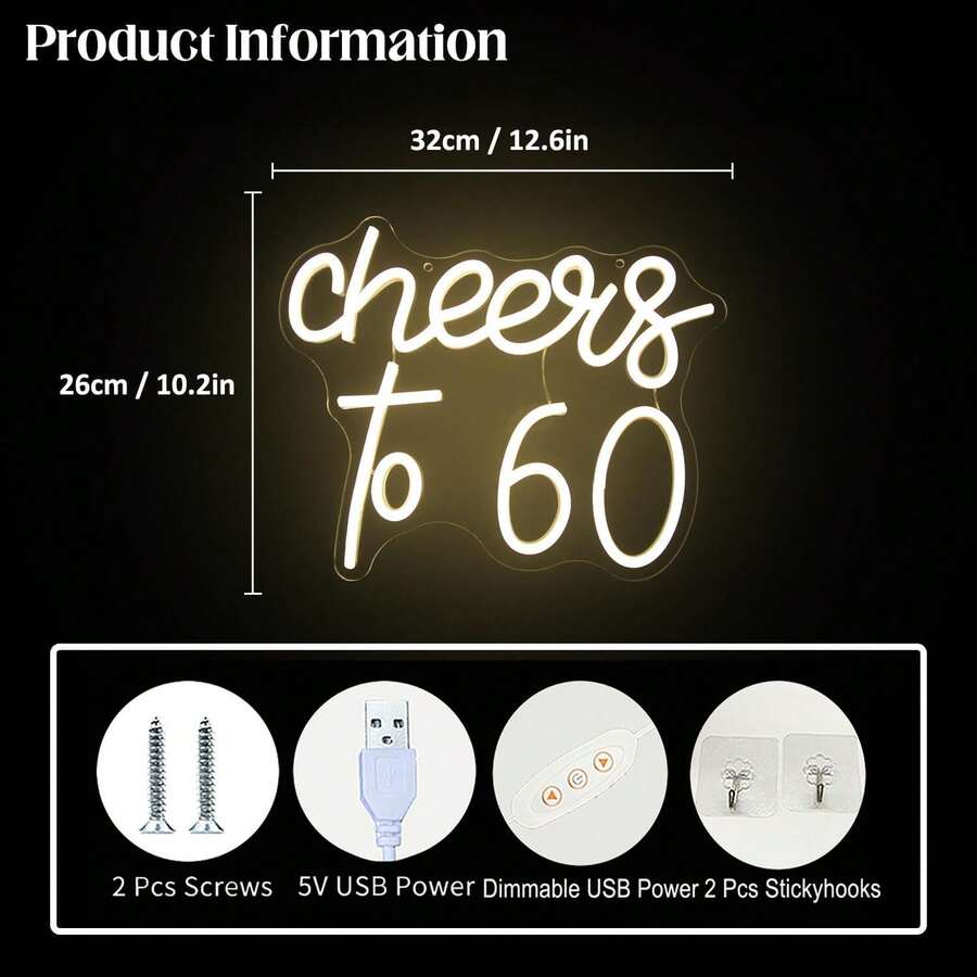Cheers To 60 Neon Sign 60th Birthday Night Light LED Neon Sign Warm ...