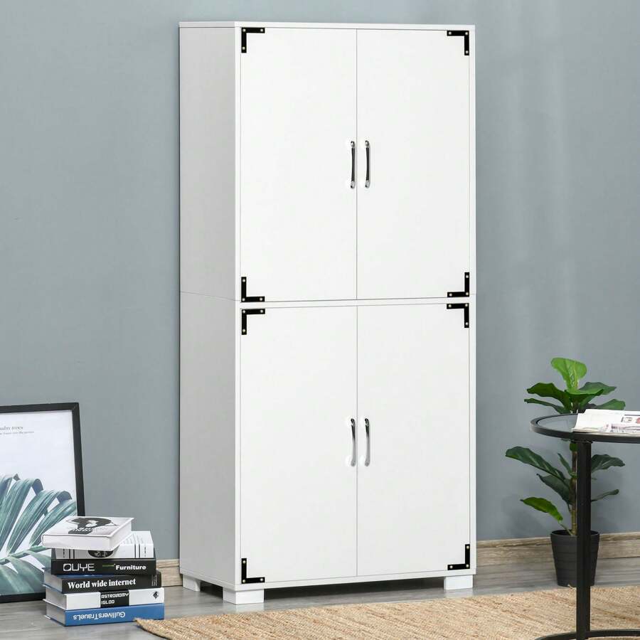 HOMCOM Industrial Kitchen Pantry Cabinet With 4 Doors And Storage ...