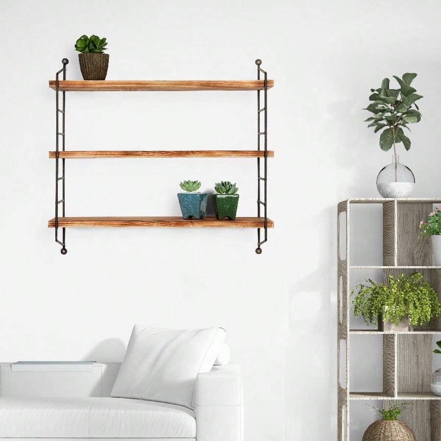 23 Inch Black Metal And Brown Wood Floating Shelf, 3 Tier Wall Mounted ...