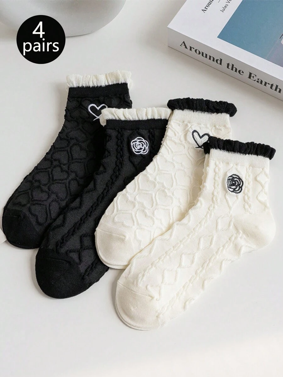 Pack Of 5 Women Short Socks With Embroidered Heart, Bubble Mouth, Lace ...