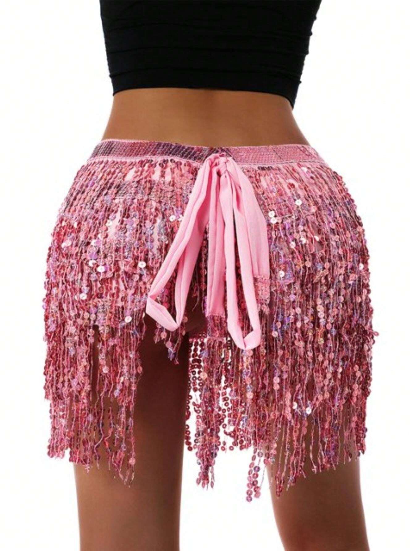 A Hip Scarf Belly Dance Skirtsparkling Sequin Fringe Trim Tie Side Skirt Shiny Tassel