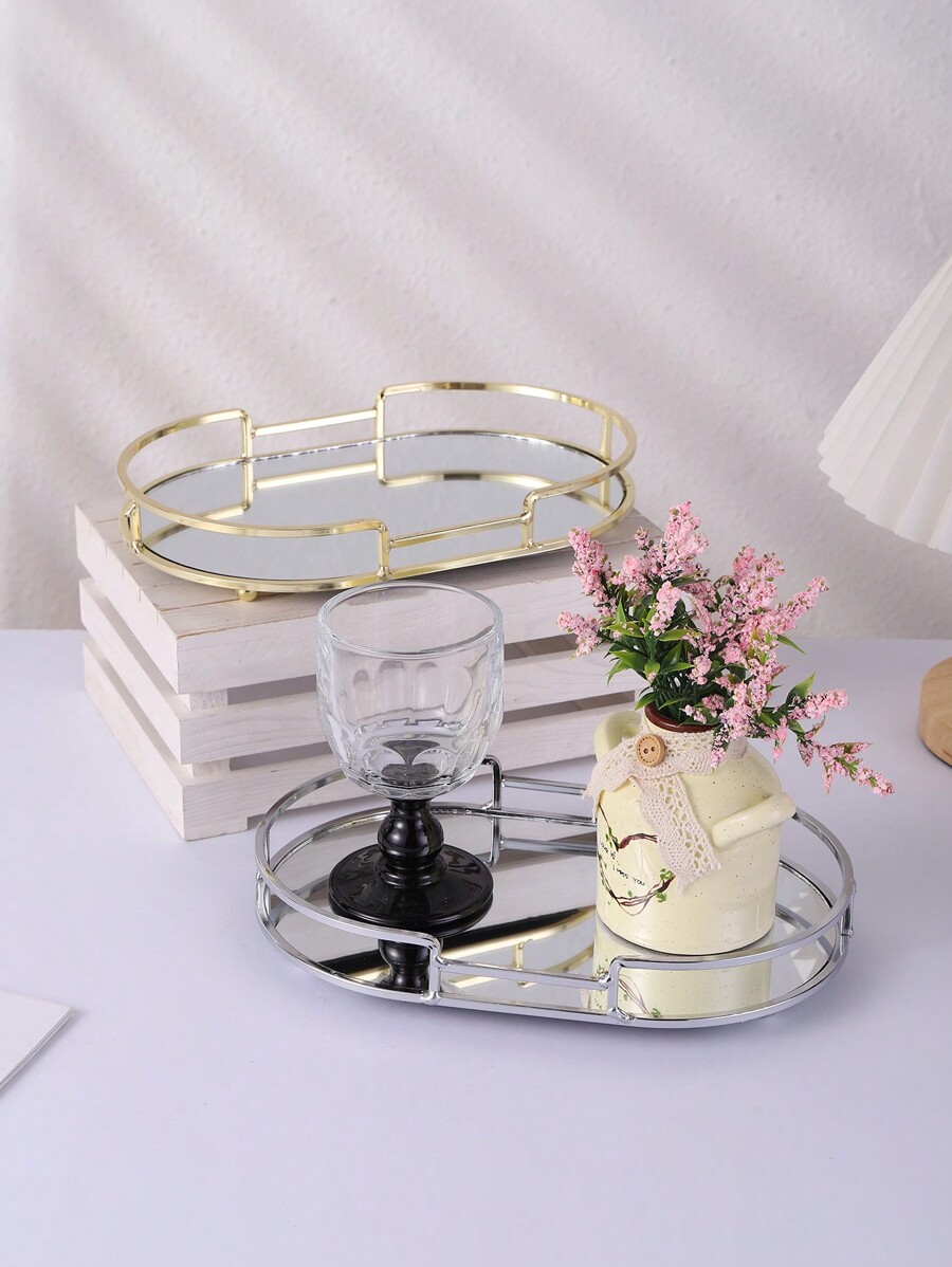 1pc Silver Iron Polygonal Oval Shaped Glass Mirror Tray, European Style ...