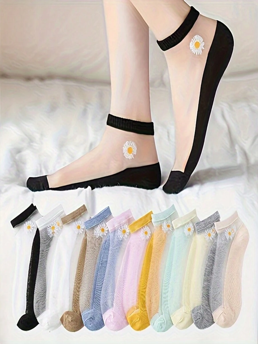 10 Pairs Women's Daisy Pattern Nylon Socks, Summer Thin Glass Silk ...