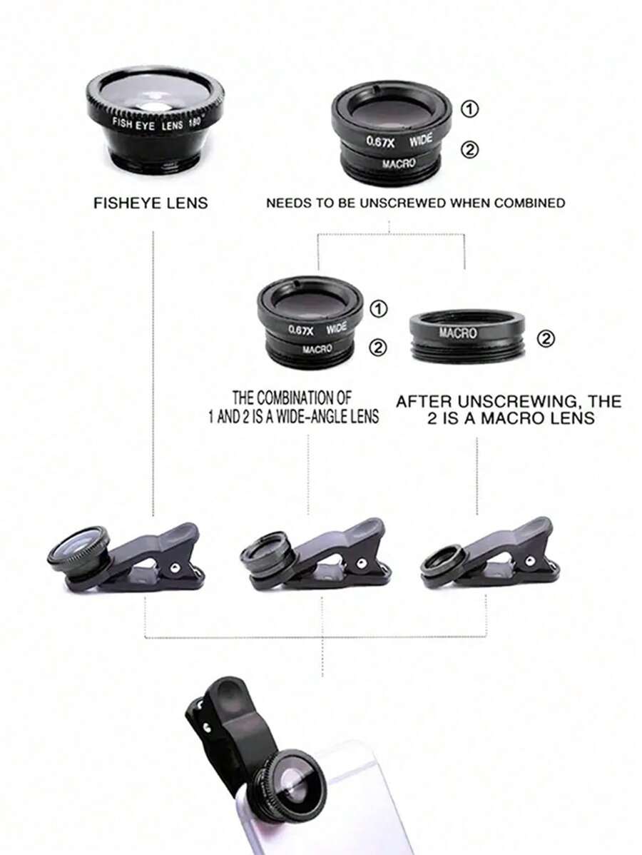 Universal 3 In 1 Camera Lens With 180 Degree Fisheye Lens, Wide Angle ...