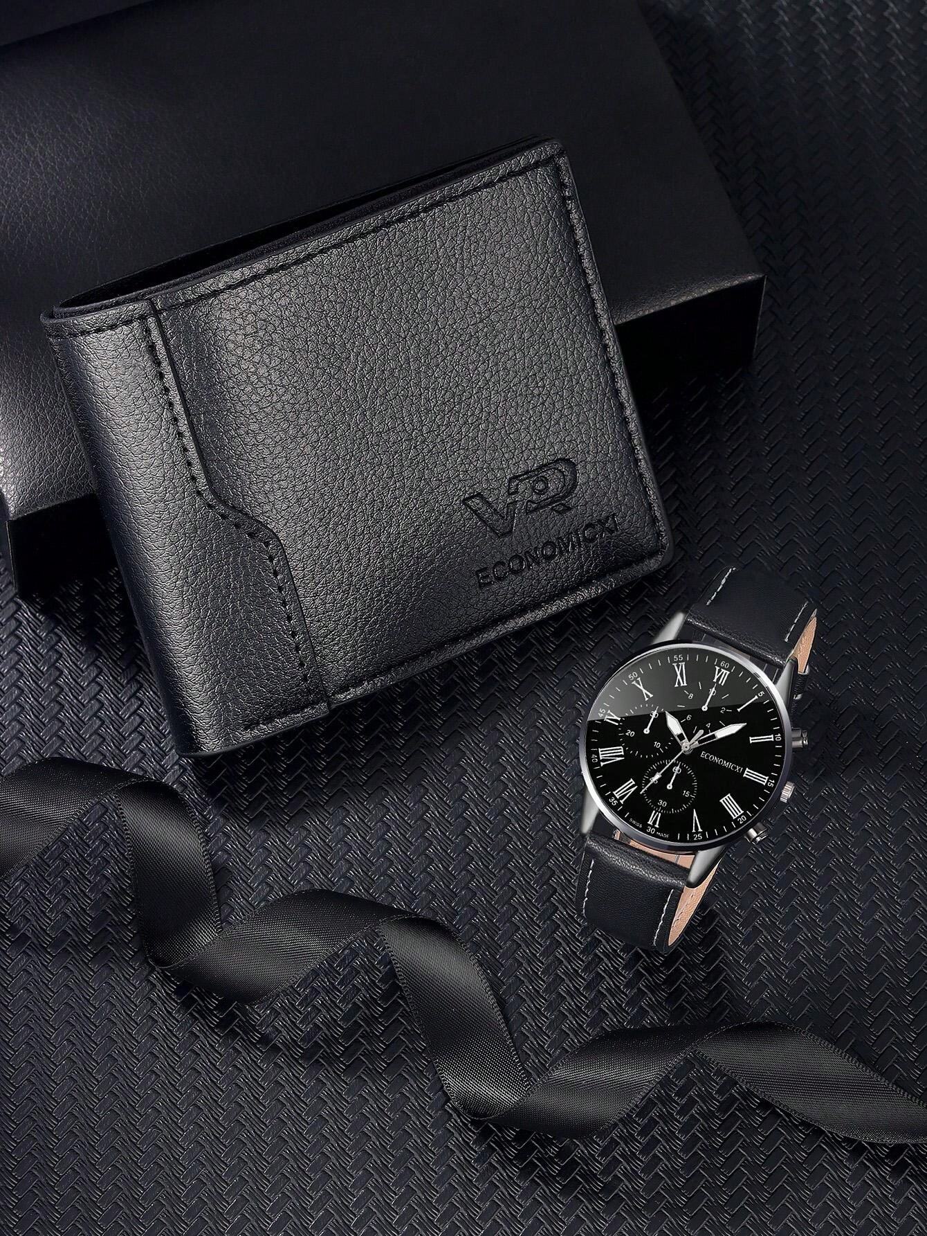 1pc Boys Casual Simple Geneva Scale Students Leather Quartz Watch +1pc ...