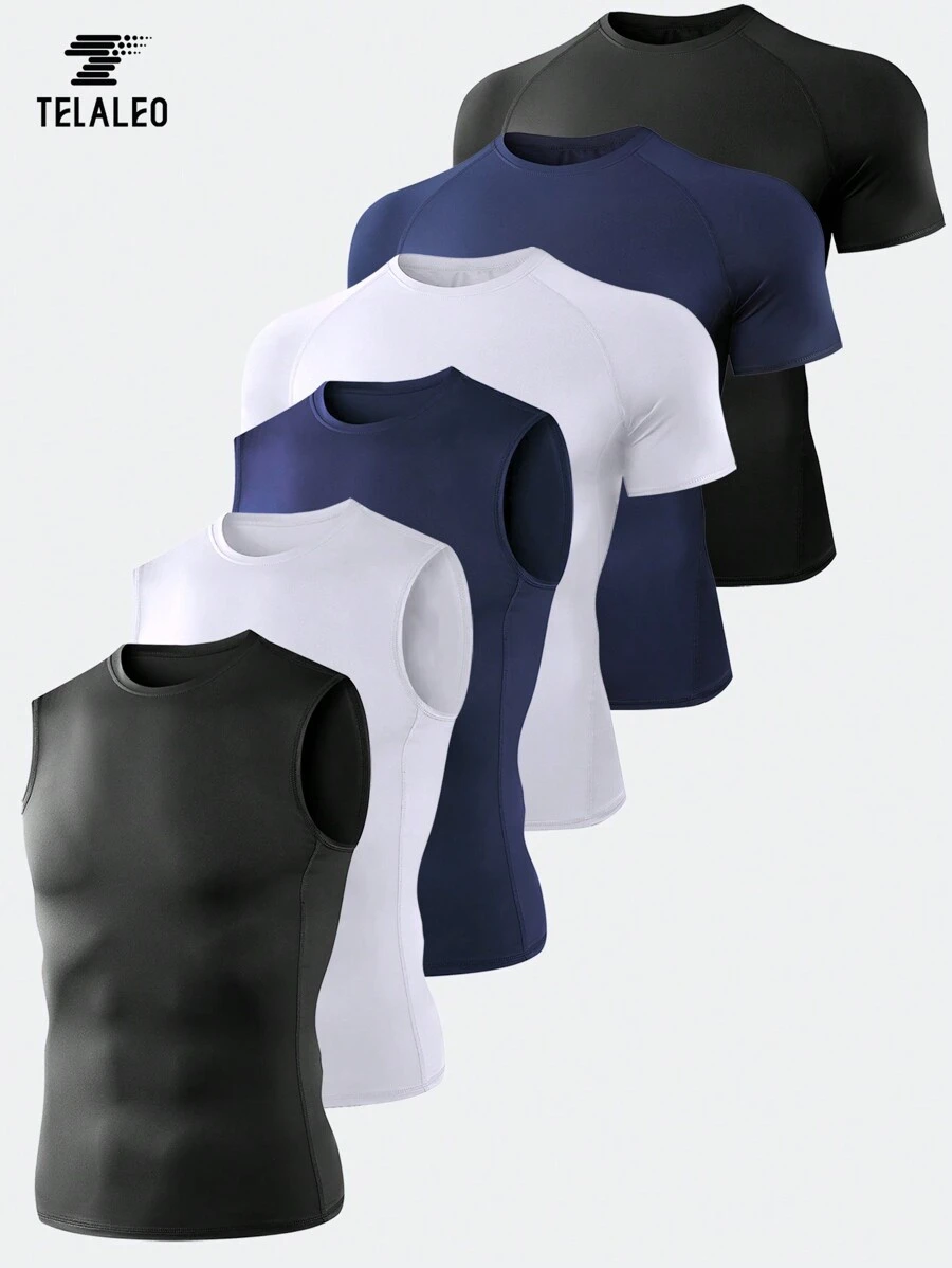 TELALEO 6 Pack เสื้อรัดกล้ามเนื้อและเสื้อกล้ามผู้ชายกีฬาแขนสั้น/แขนกุด ...