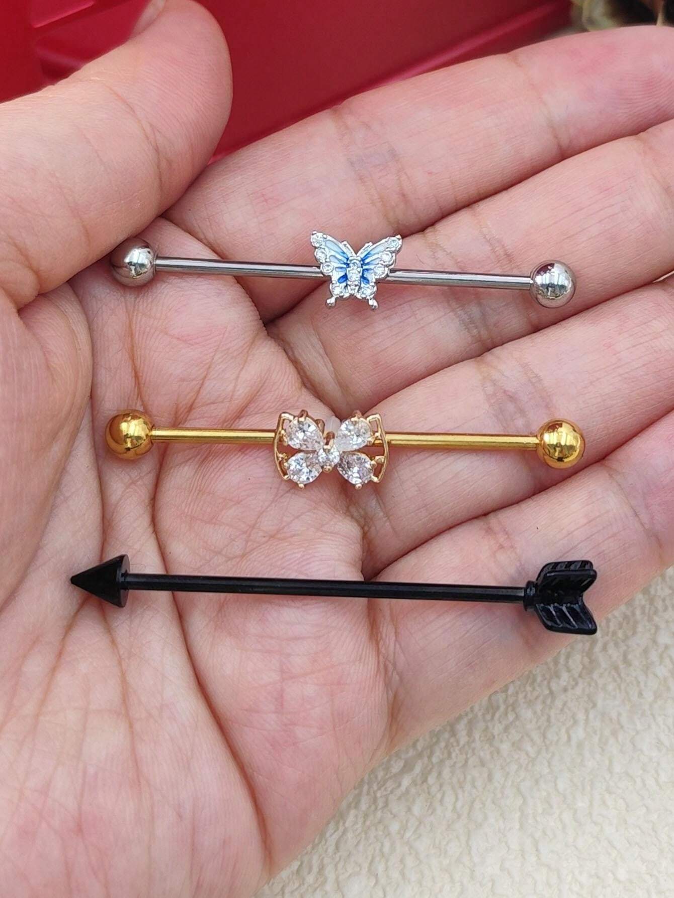 3pcs Industrial Bars 38mm Barbell Length 14G Arrow Butterfly Scaffold Ear Piercing Jewelry For ...