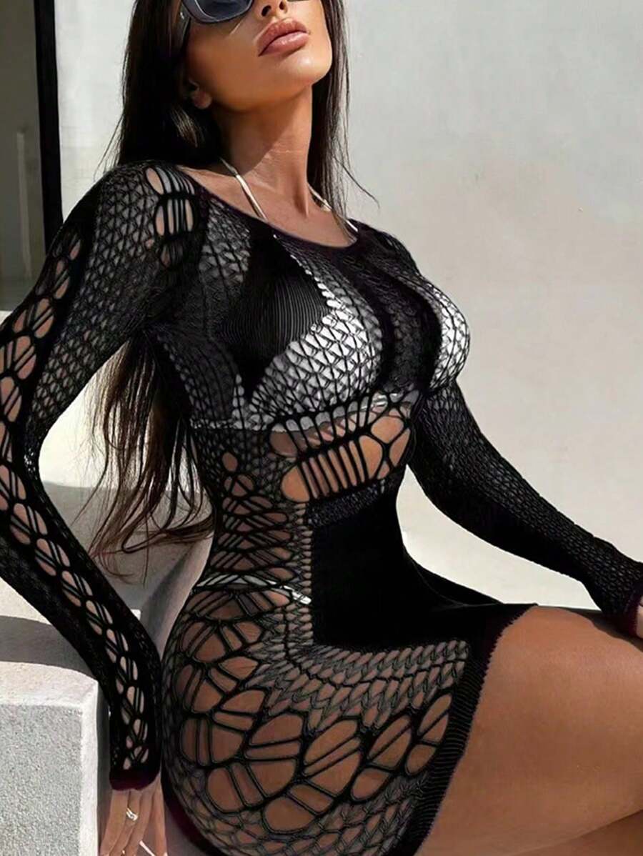 Women's Sexy Lingerie Hollow Out Bodysuit, Temptation Role Play Set With Sheer Dress And Tights ...