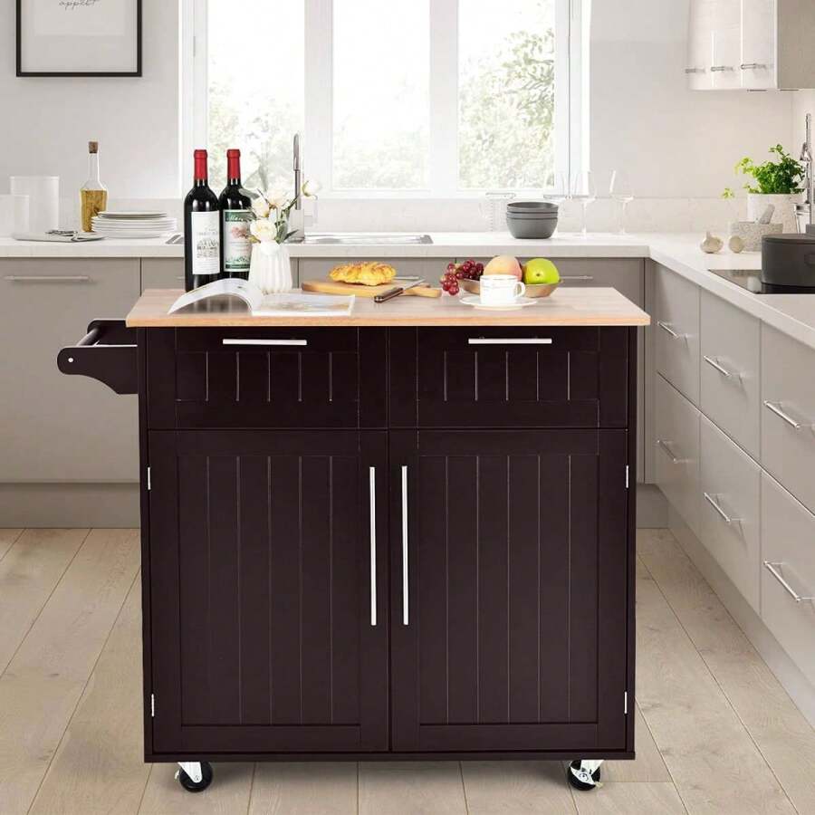 Kitchen Island With 2-Door Cupboard, Large Kitchen Trolley With ...