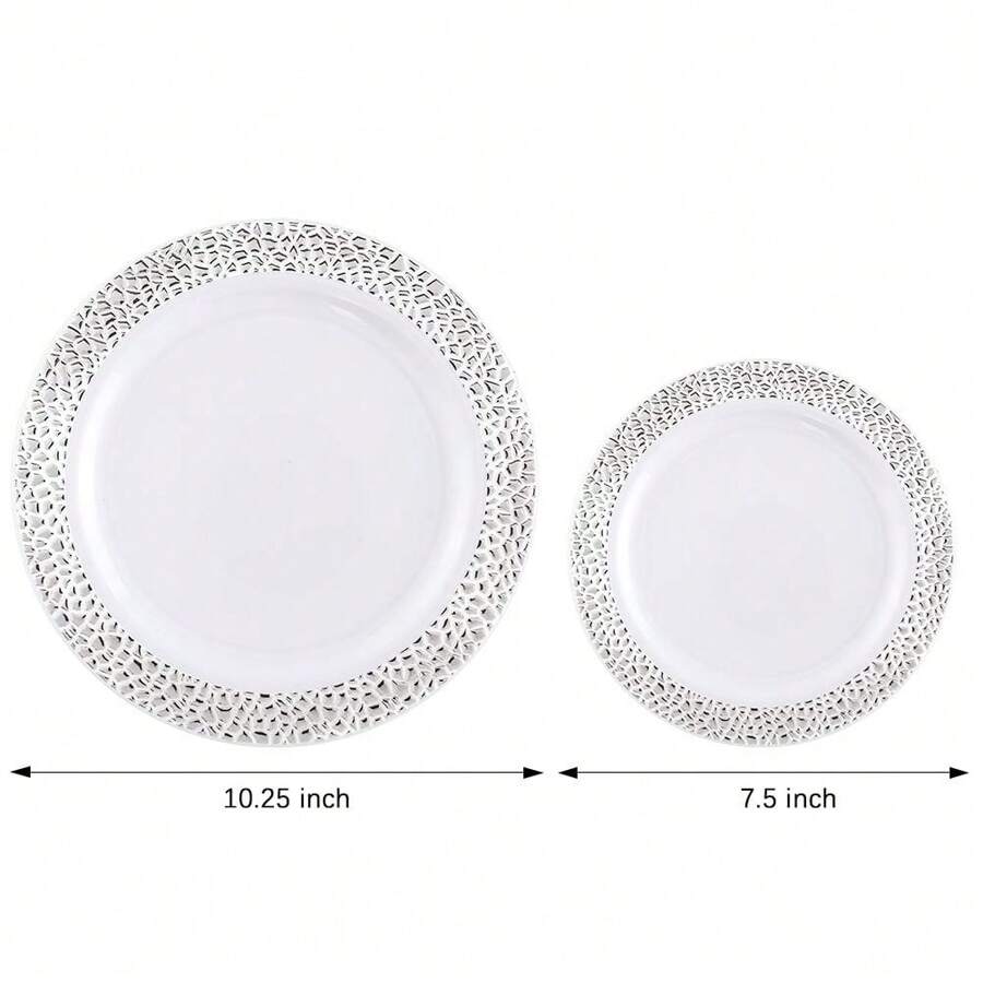 102pcs Silver Plastic Plates - White With Hammered Design Reusable ...