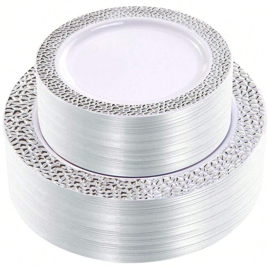 102pcs Silver Plastic Plates - White With Hammered Design Reusable ...