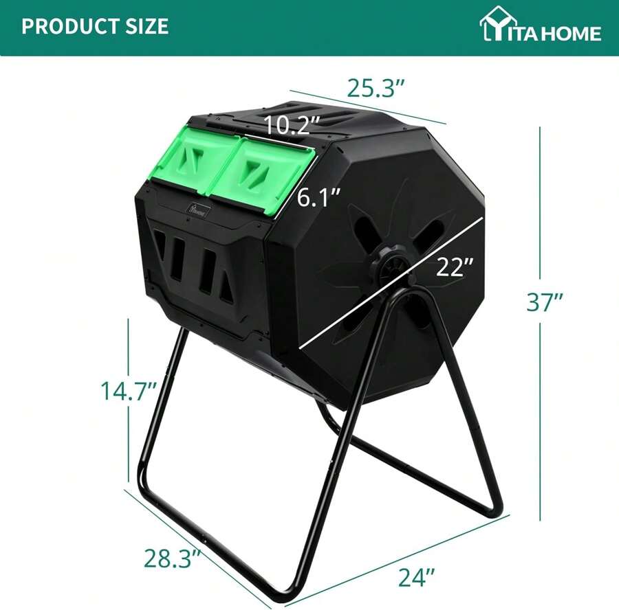 YITAHOME Large Outdoor Dual Bin Composter Tumbling, 43 Gallon Rotating ...